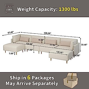 MGH 143''Convertible Sectional Sofa , Modern Linen Fabric U-Shape Modular Couch 4-Seat Sofa Sectional with Reversible Ottomans for Apartment Living Room Furniture Sets, Beige (HQ-023B)