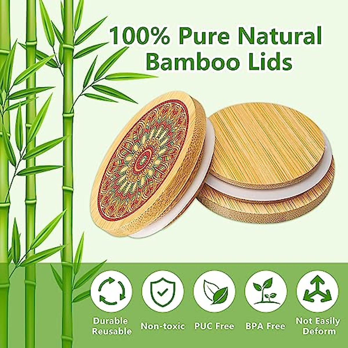 ANNOR 8 Pack Oui Yogurt Jar Lids Reusable Bamboo Wooden Lids with Mandala Patterns, Silicone Sealing Rings and Yogurt Bottle Label, Fit for Oui Yogurt Jars