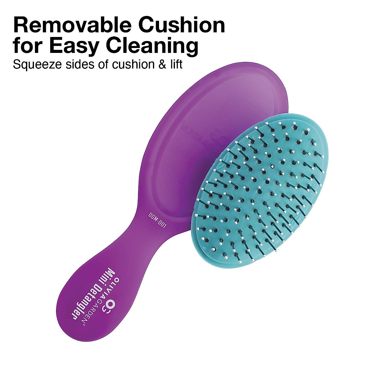 Olivia Garden OG Brush Detangler, pocket-size, perfect for travel and on-the-go, removable cushion, scalp hugging shape massages the scalp, for wet or dry hair, for women, men and children, Purple