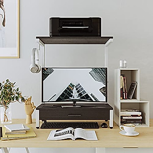 2 Tier Desktop Printer Stand Monitor Stand with Drawer, Small Home Printer Stand, Desk Organizer with Hook Non-Slip Feet for Home and Office(Black)