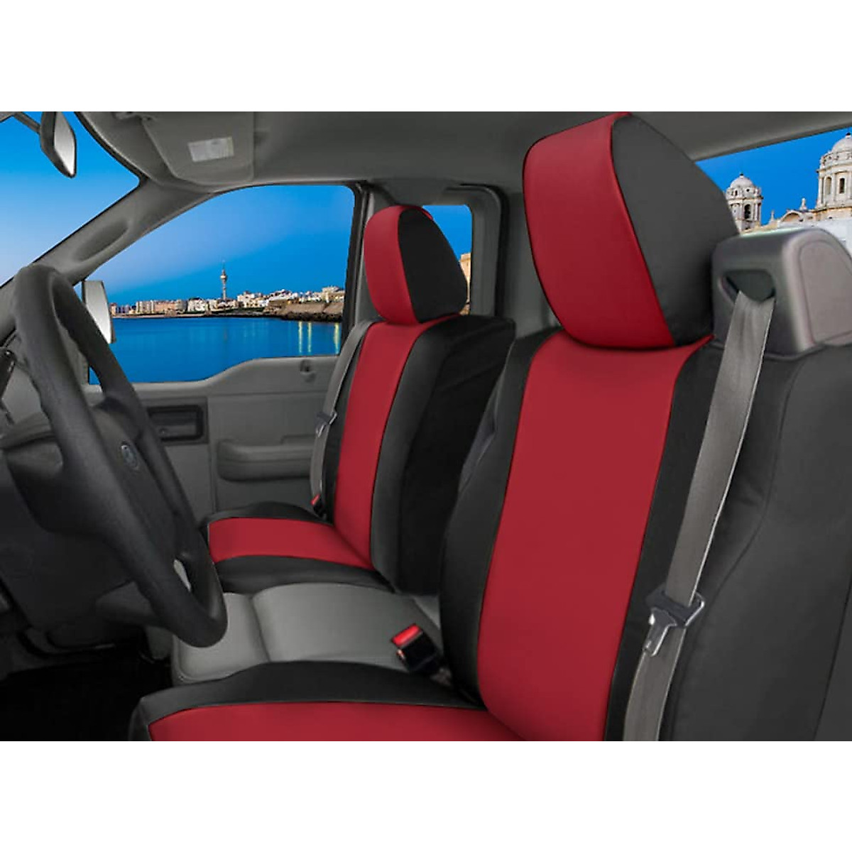 CarsCover Custom Fit 2004-2008 Ford F150 Pickup Truck Neoprene Car Front Seat Covers Red Rose & Black Sides Driver & Passenger Cover