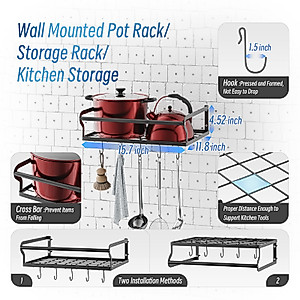 KOSTBAR Hanging Pot Rack, Wall Mounted Pan Rack, Cookware Organizer with 10 Hooks, Small Kitchen Storage Shelf for Utensils. Dish Rack With Lid Holder, Modular Design Shelves