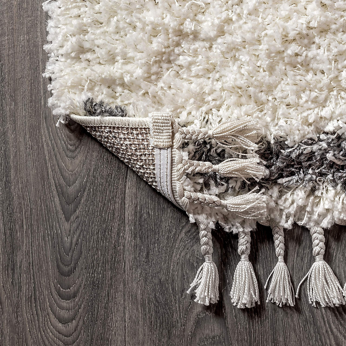 JONATHAN Y MCR103B-28 Mercer Shag Plush Tassel Moroccan Tribal Geometric Trellis Indoor Area-Rug Bohemian Easy-Cleaning High Traffic Bedroom Kitchen Living Room, 2 X 8, Cream/Grey