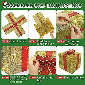 BUDO Set of 3 Christmas Lighted Gift Boxes, 100 LED Light Up Warm White Gold Tinsel Box Decorations with Red Bow for Outdoor Indoor Christmas Tree Yard Home Decor, 6/8/10 Inch