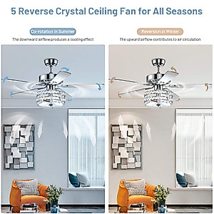 Tangkula Ceiling Fan with Crystal Light, 52 Inches Classical Ceiling Fan with Remote Control & 5 Iron Reversible Blades, 3 Speeds & 8 Hours Timer Function & Mute Motor (Silver)