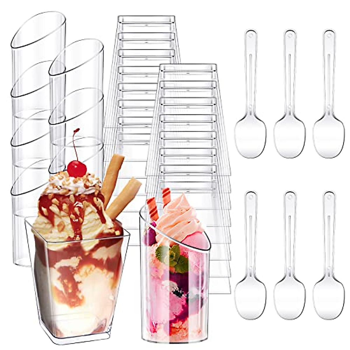 300 Pack Mini Dessert Cups with Spoons Clear Plastic Parfait Appetizer Cup Slanted Round Cup for Desserts Heart Square Clear Parfait Cups for Tasting Party Shooters Desserts (Round, Square, 3oz, 5oz)