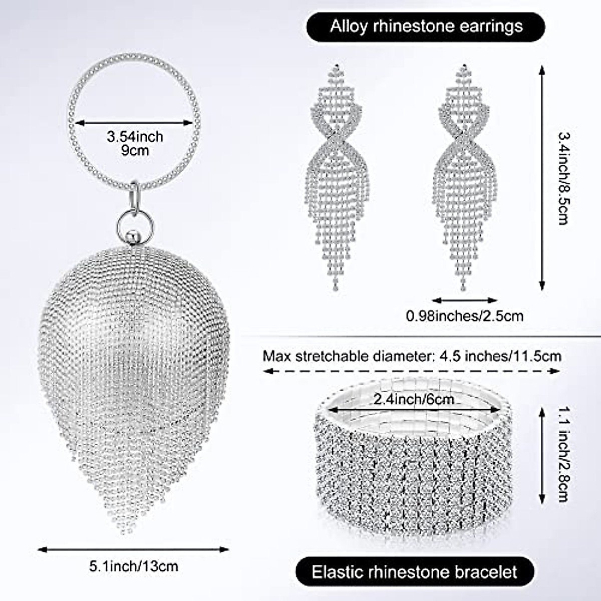 Saintrygo 3 Pieces Silver Clutch Purses Bag for Women Evening Rhinestone Jewelry Set Bling Earrings Elastic Bracelets Set Rhinestone for Women Wedding Party