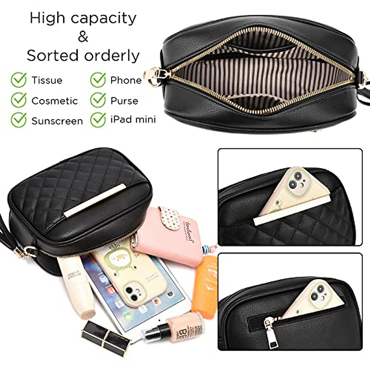 I IHAYNER Cute Little Multiple Pocket Small Crossbody Bag for Women Quilted Shoulder Purse for Teen Girls Lightweight Purse With Tassel Pink