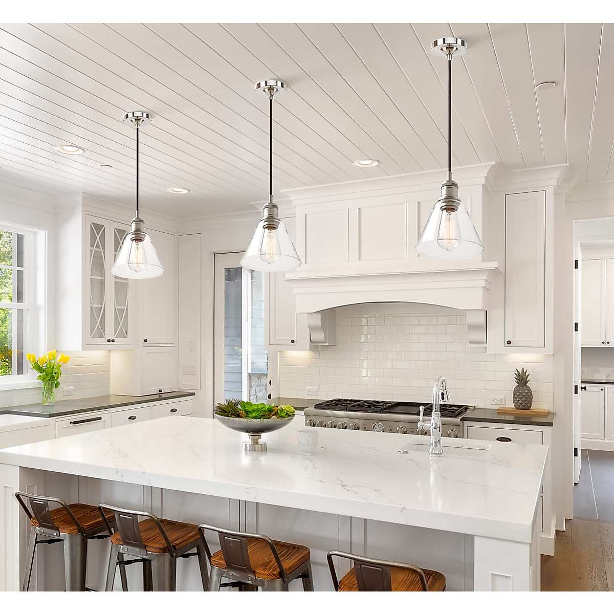 Yosoan -Light Vintage Edison Hanging Pendant Light, Mini Funnel Flared Glass Clear Glass Shade for Kitchen Bathroom Porch Living Room Dinning Room Office Restaurants Hotels Bar Island (Brushed)