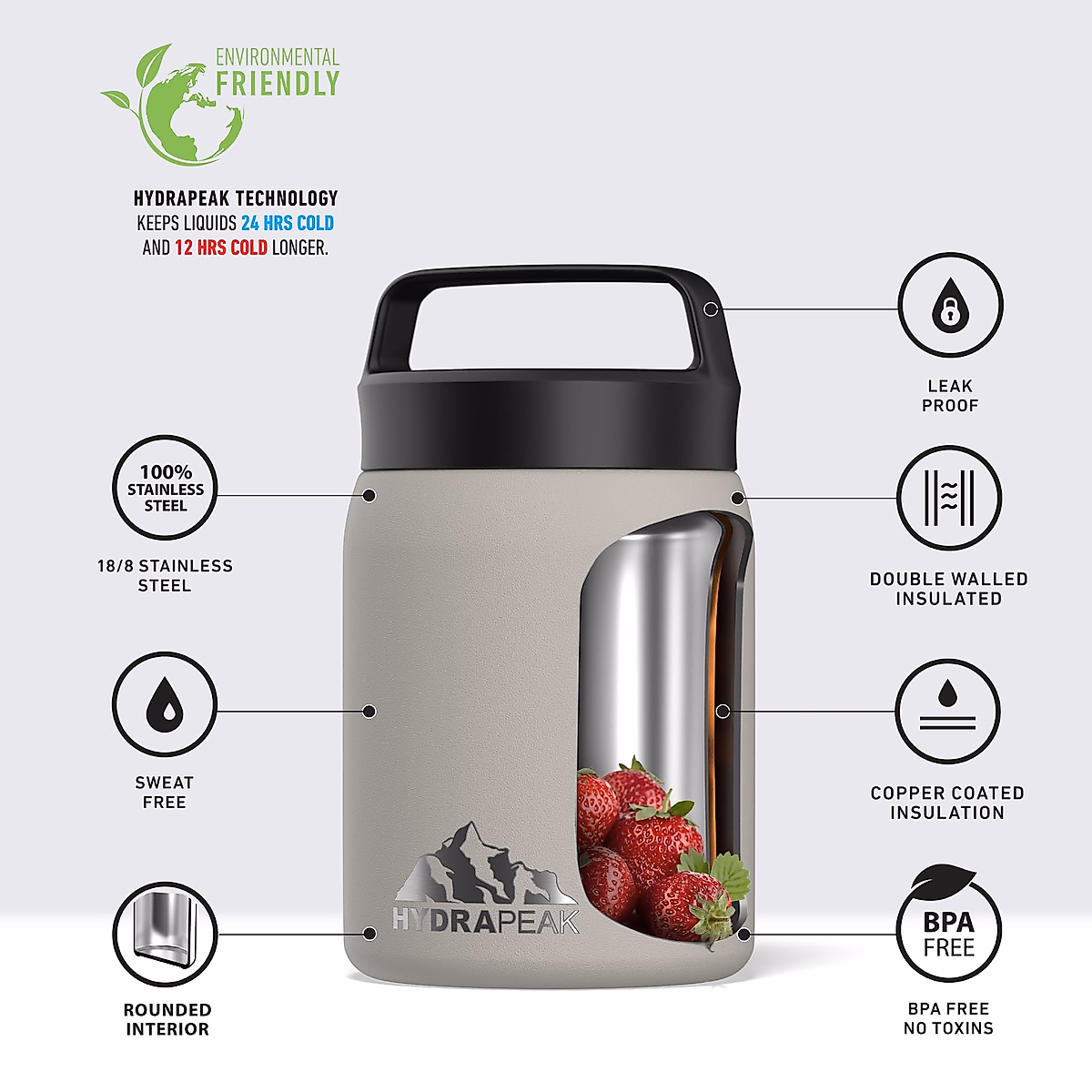 Hydrapeak 18 oz Insulated Food Thermos Hot and Cold, Soup, Vacuum Insulated Jar, Stainless Steel, for Office, Outdoor (Stone)