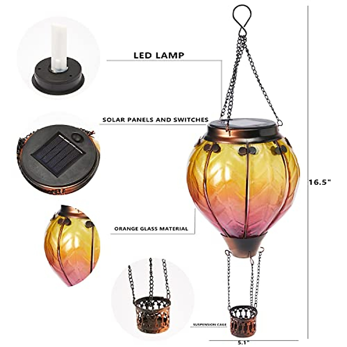 Hot Air Balloon Solar Lantern with Flickering Flame Hanging Solar Lights Outdoor Waterproof Lanterns for Garden Patio Yard Party Decoration