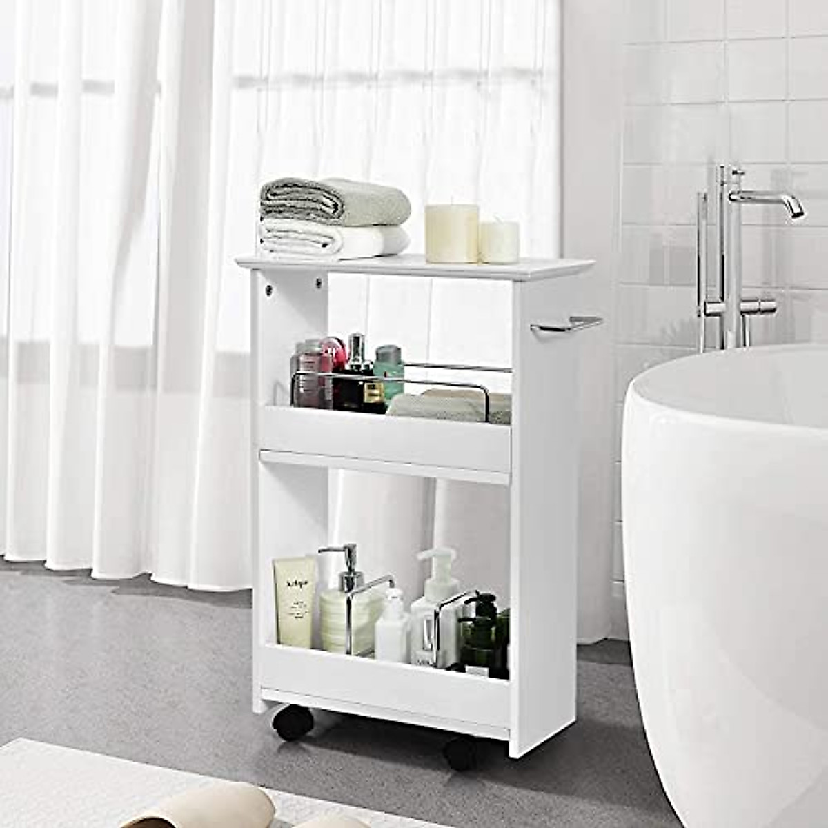 ARLIME 3 Tier Bathroom Storage Cart, Wooden Rolling Storage Cabinet w/ Towel Rack and Side Handle, Lockable Wheel, Side Storage Organizer for Bathroom Kitchen Laundry