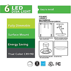 Lunabode LED 7.5" Dimmable LED Disk Light Flush Mount, Ceiling Light, Light Fixture, LED Lights, 15W (120W Equivalent), 120V, 5000K, Wet Location LED Light, 4/6" J-Box (Bright White, 6 Pack)