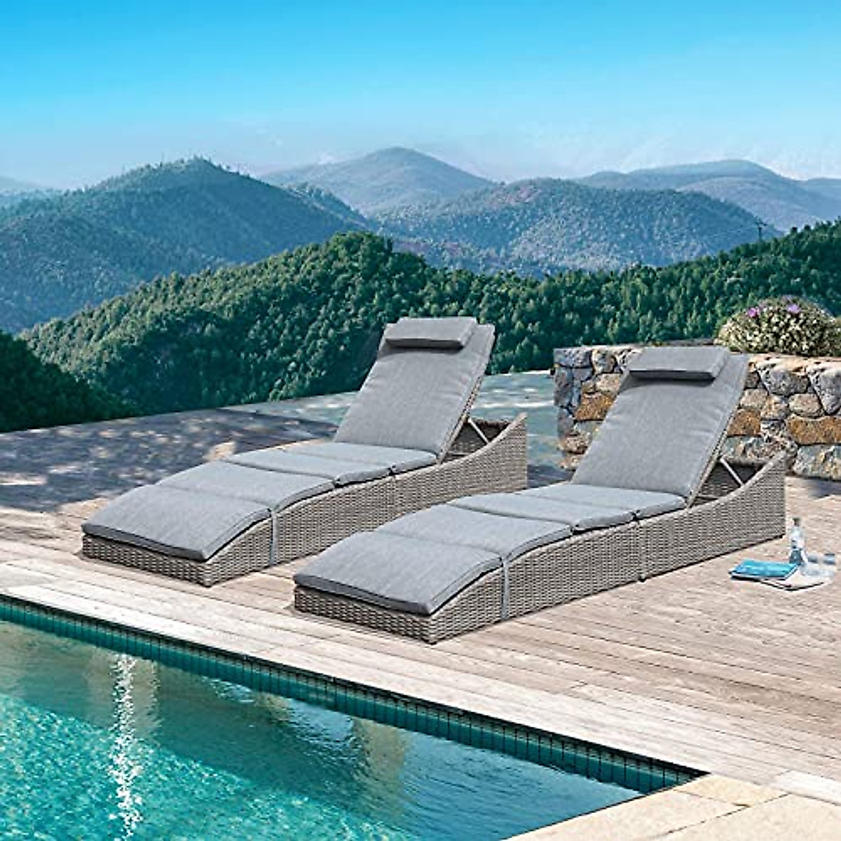 Soleil Jardin Folding Pool Lounge Chair Set of 2 Outdoor Adjustable Chaise Lounge Chair, Fully Assembled, Patio Reclining Sun Lounger, Gray