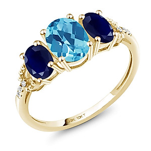 Gem Stone King 10K Yellow Gold 3-Stone Diamond Engagement Ring 2.12 Ct Oval Checkerboard Swiss Blue Topaz Blue Sapphire (Size 7)
