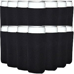 TahoeBay Slim Can Cooler Sleeves (25-Pack) Insulated Polyfoam, Bulk Scuba Knit Polyester Fabric Drink Insulators for 12oz Tall Skinny Beverage - Blank Design (Black)