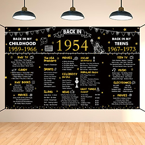 DARUNAXY 70th Birthday Black Gold Party Decoration, Back in 1954 Banner Cheers to 70 Years Old Birthday Party Poster Supplies, 6 * 3.6FT Vintage 1954 Backdrop Photography Background for Men and Women