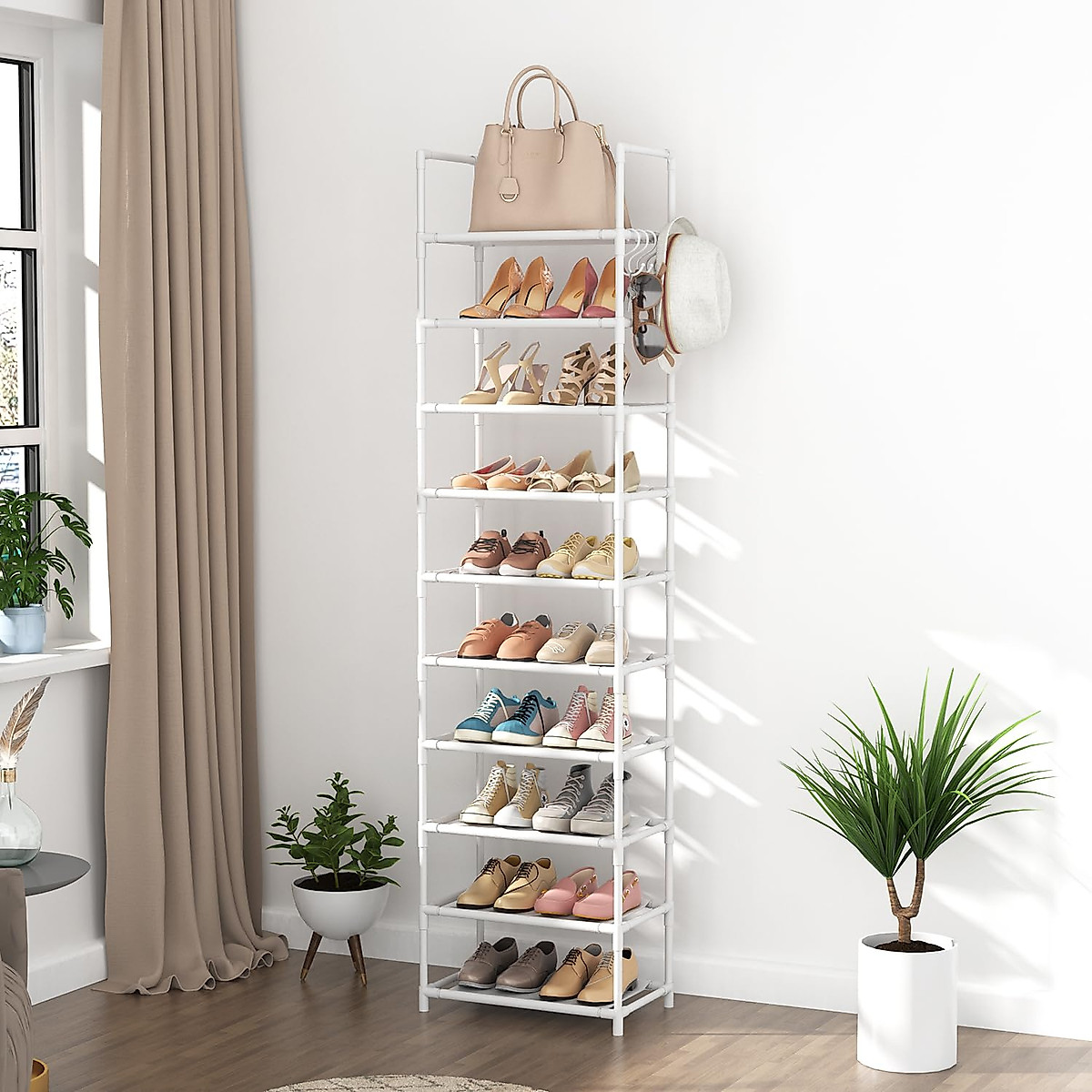 LANTEFUL 10 Tiers Tall Shoe Rack 20-25 Pairs Boots Organizer Storage Sturdy Narrow Shoe Shelf for Entryway, Closets with Hooks, White