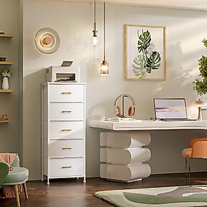 YILQQPER Tall Dresser with 5 Drawers, White Dresser for Bedroom, Tall Storage Tower for Closet, Nursery, Dorm, Dresser Organizer with Sturdy Steel Frame, Fabric Bins, Leather Finish, Wood Top, White