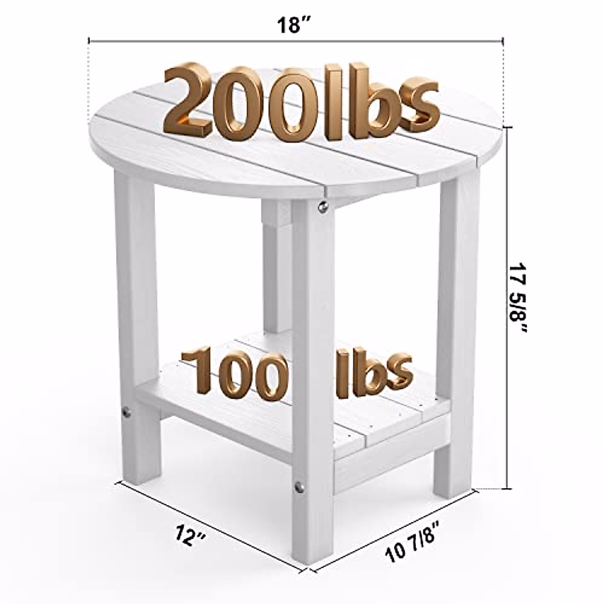 MXIMU Round Outdoor Side Table Adirondack Tables 18 Inch Chairside End Tables with Storage Shelf, 2-Tier Plastic Patio Side Table, Weather Resistant for Balcony Backyard Lawn (White, 1 Pack)