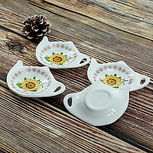 Bicuzat Floral Tea Bag Holder Tea Porcelain Accessories Teapot Shaped Tea Bag Coaster Resting Caddy Saucer 4 Inch/10cm-Sunflower and Daisy Pattern-Set of 10