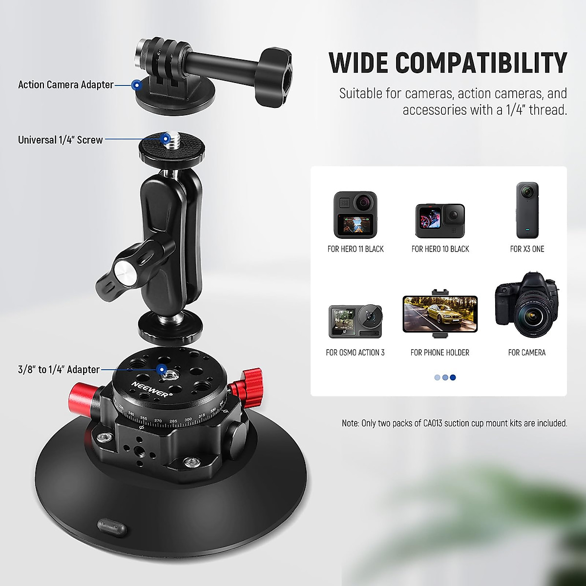 Neewer 6" Camera Suction Mount with Ball Head Magic Arm, 1/4" 3/8" ARRI Mounting Holes, Metal Car Mount for GoPro Action Camera/Camera/Phone, Air Pump Vacuum Suction Cup on Car or Window Glass, CA013