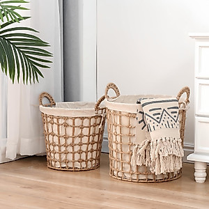 GIB Set of 3 Round Woven Wicker Storage Baskets with Handles & Liners, Natural Jute Decorative Laundry Hampers Baskets Storage Organizer for Blankets, Toys, Bathroom, Living Room, Closet & Shelves