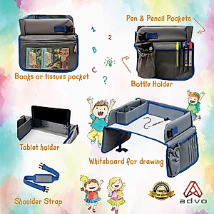 ADVO Kids Travel Tray Car Seat - Activity and Play Tray Organizer for Children and Toddlers, Lap Desk with Tablet Phone Holder, Waterproof and Foldable Whiteboard (Grey)