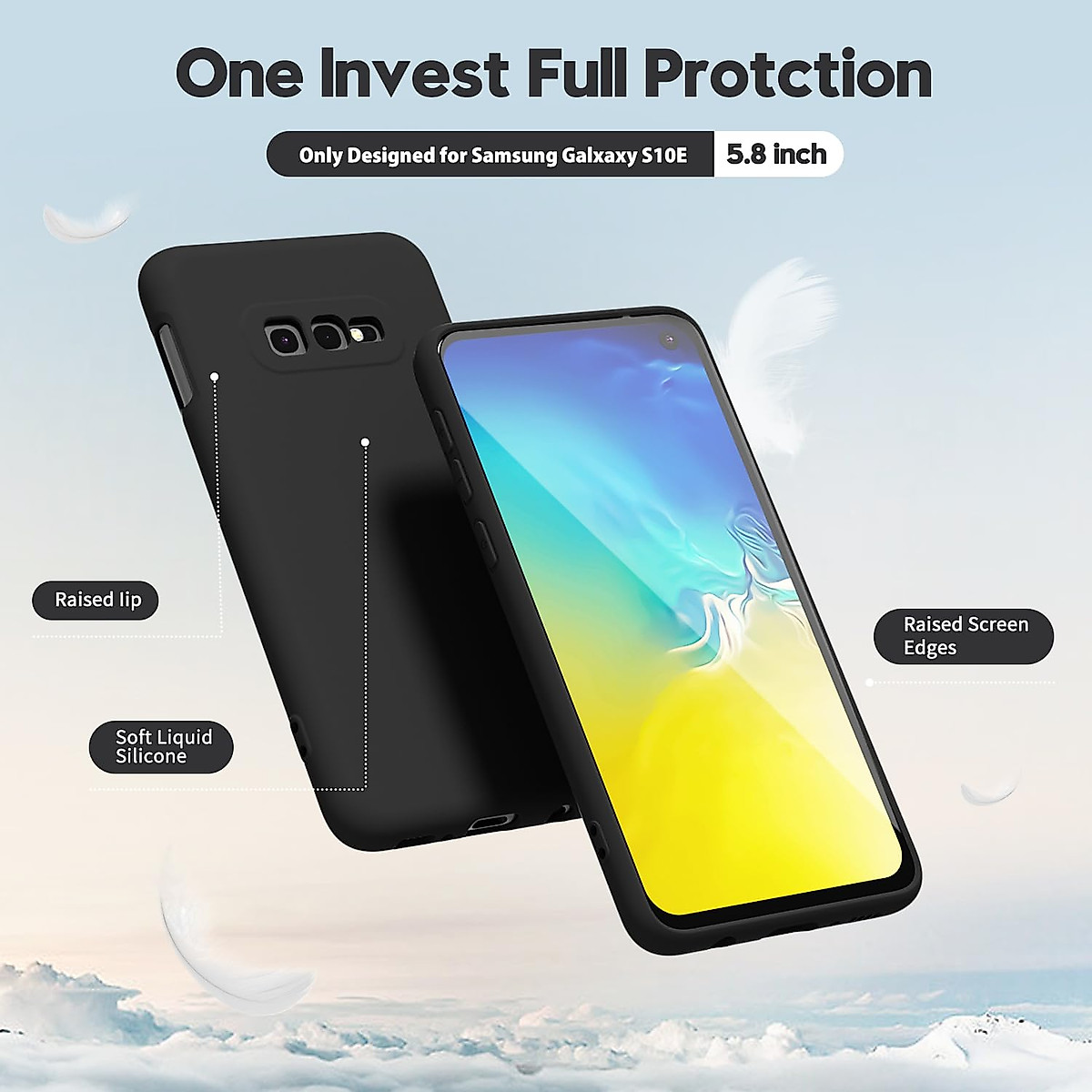 oakxco Designed for Samsung Galaxy S10e Phone Case Liquid Silicone Grip, Cute Thin Slim Soft Rubber TPU Plain Smooth Gel Cover for Women Girl Aesthetic, Matte Solid Protective & Shockproof, Black