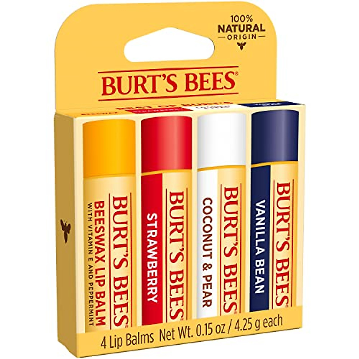 Burt's Bees Lip Balm Easter Basket Stuffers, Moisturizing Lip Care Spring Gift, for All Day Hydration, 100% Natural, Original Beeswax, Strawberry, Coconut & Pear & Vanilla (4 Pack)