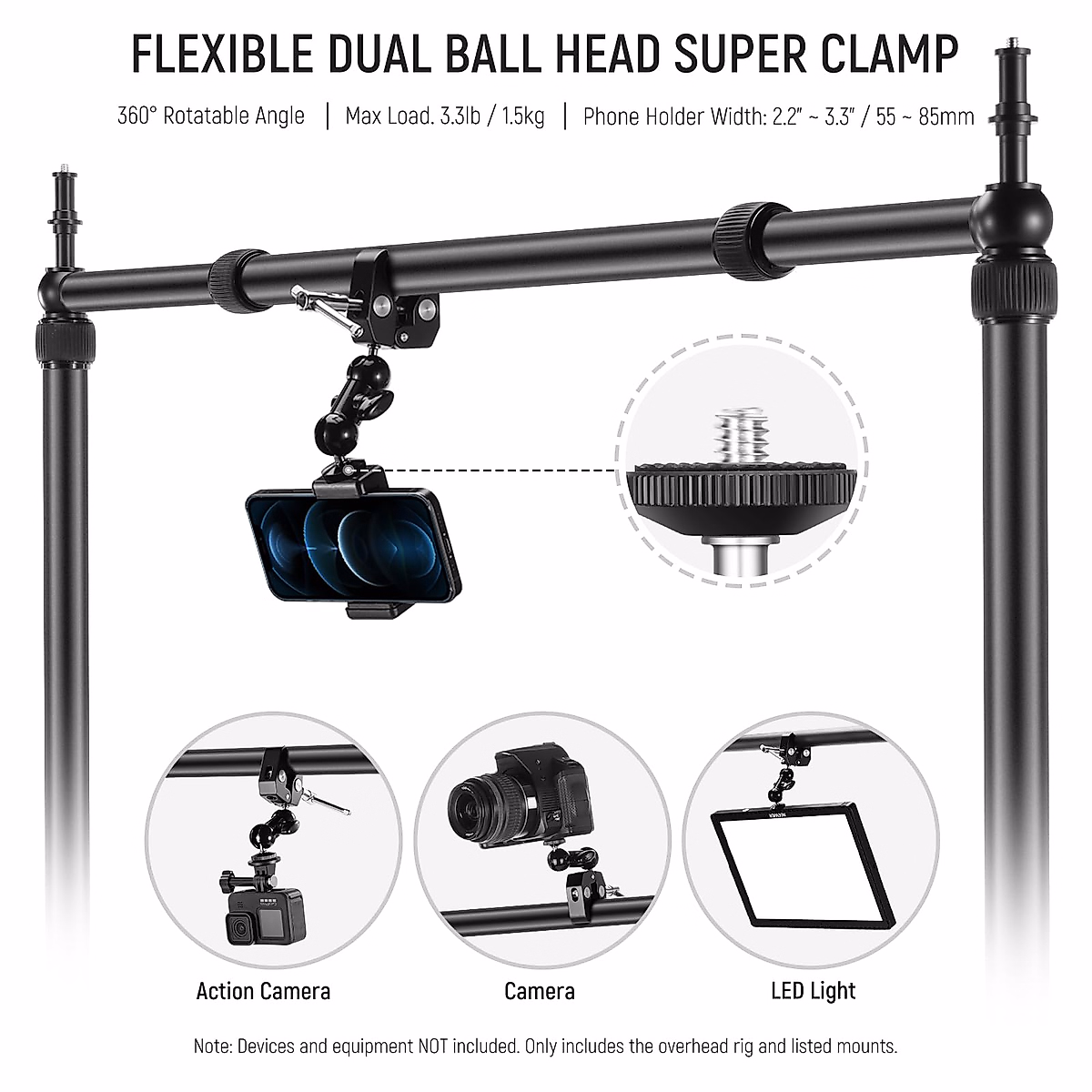 NEEWER Overhead Camera Mount Rig with Dual Ballhead Super Clamp/Phone Holder for Desktop Top Down Shots, Metal Multi Device Mount Platform for Photography Lighting, Max Load 26.5lb/12kg, NK002
