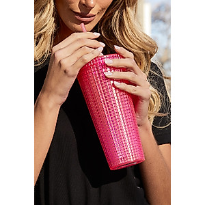 WEST & FIFTH Grid Plastic Cold-Cup Tumbler with Straw, Iridescent Semi-Transparent Square-Textured Cup, BPA-Free Double-Wall Cup for Iced Coffee, Cold Drinks, or Water, 24oz., Neon Green