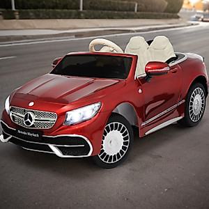 Americas Toys Kids Car with Mp4 Touchscreen, Bluetooth, Remote Control, Leather Beige Seat – Electric Car One Seater with Open Doors, 5 points Safety Belt, Compatible with Mercedes Maybach Painted Red