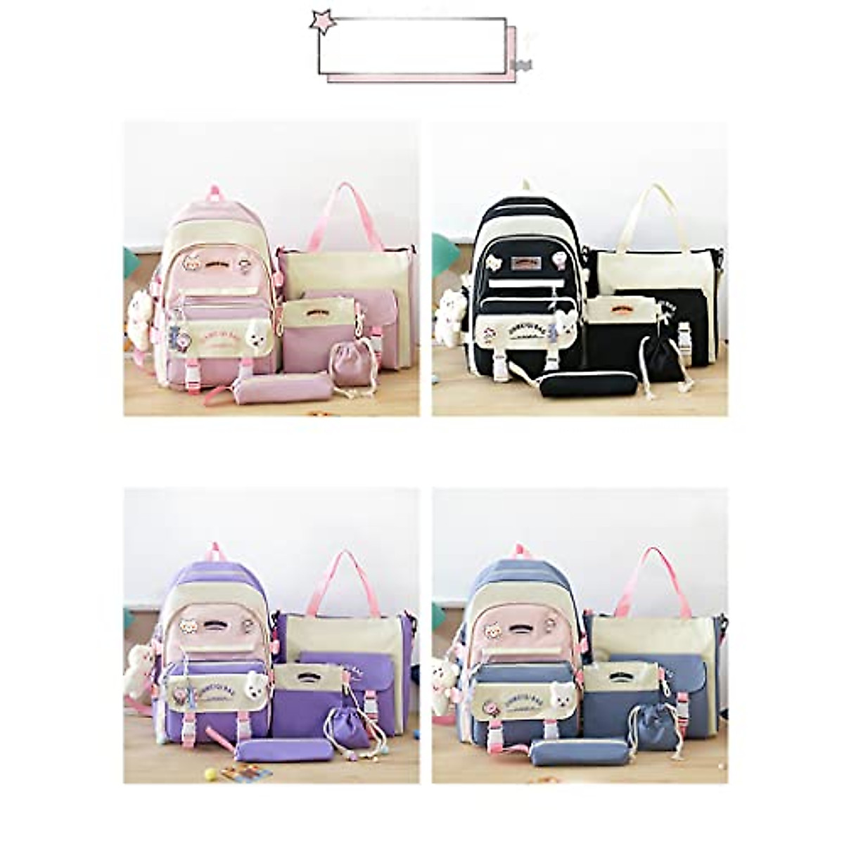 TUDERE Kawaii backpack set of 5 pieces aesthetic backpack for school teenage girls' daily necessities with charm and pins, pencil case, tote bag, small bag.