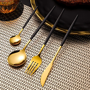 Black and Gold Flatware Set 20 Piece,Black Handle Stainless Steel Thin Fork Knife Round Spoon Tableware Dishwasher Safe.SANLI Dinner For 4 People.