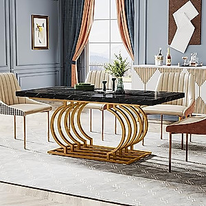 Tribesigns Modern Dining Table, 63 inch Faux Marble Wood Kitchen Table for 6 People, Rectangular Dinner Room Table with Geometric Frame for Kitchen, Dining Room, Black Gold