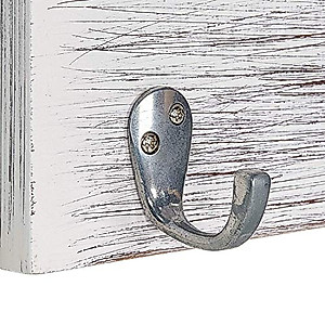 Ballucci Wall Mount Key Holder and Mail Sorter Organizer, Wooden Rustic Floating Shelf Coat Rack with 5 Metal Hooks, for Entryway, Living Room, Mudroom, Kitchen - Rustic White