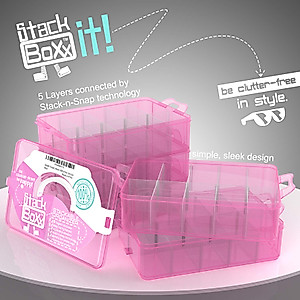 Stack Boxx Stackable Organizer and Storage Container (Pink) +Free Case | Be Clutter-Free, Be Happy! 5 Layers w/Handle -Perfect Solution for Kids Toys, Art Crafts, Jewelry, School & Office Supplies