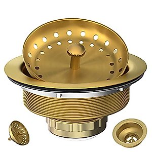 EXAKEY Kitchen Sink Drain Assembly Gold Sink Drain Strainer with Fixed Post 3-1/2 Inch Kitchen Drain with Strainer Basket and Drain Stopper for Standard Kitchen Sink Stainless Steel Brushed Gold