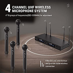 Donner Wireless Microphone System, UHF Wireless Microphone Set with 4 Handheld Dynamic Microphones, Adjustable Frequency, 328 ft Long Range, Perfect for Party/Wedding/Speech/Church/Stage/Karaoke/DJ