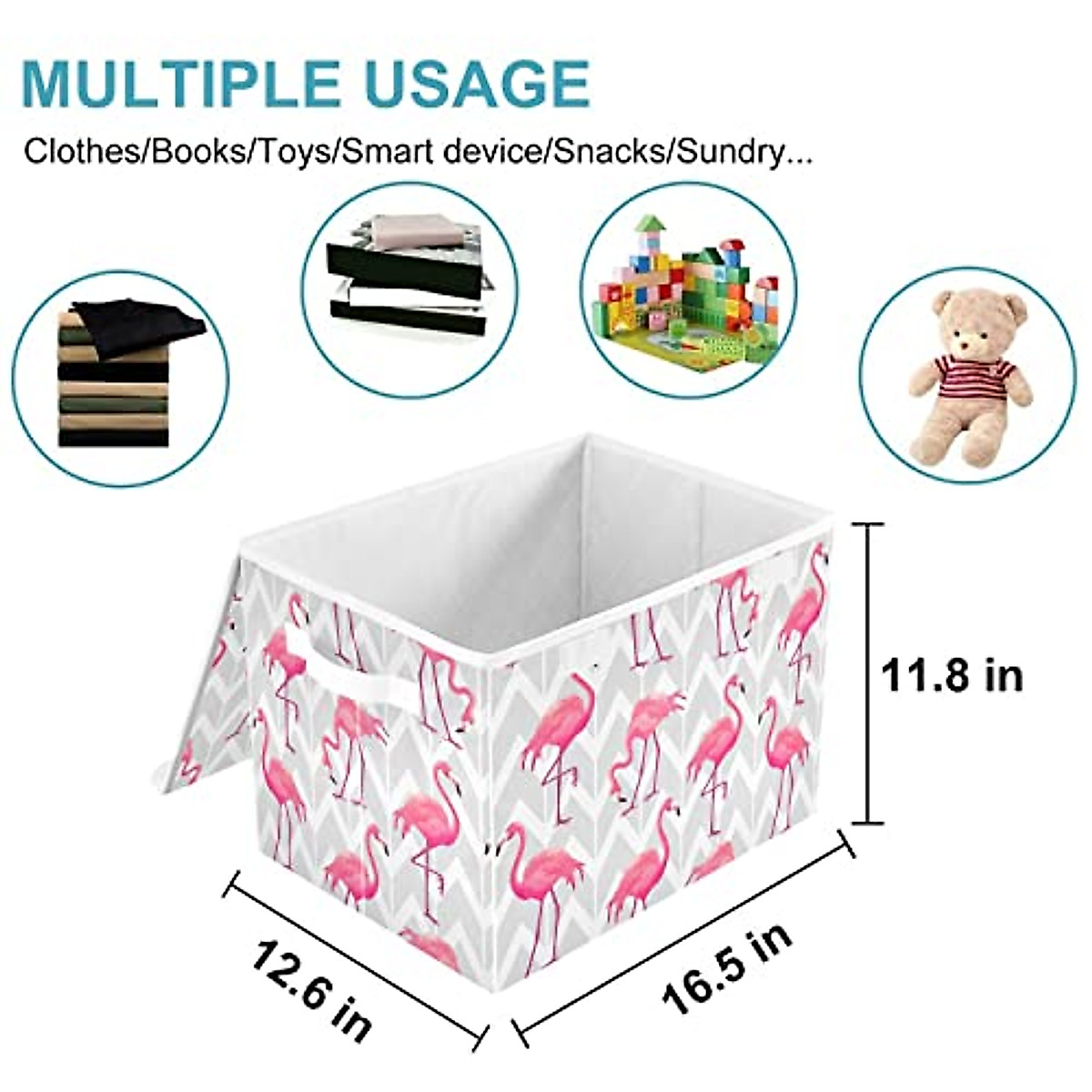 CaTaKu Flamingos Grey Geometric Storage Bins with Lids and Handles, Fabric Large Storage Container Cube Basket with Lid Decorative Storage Boxes for Organizing Clothes