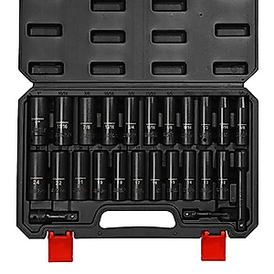 CASOMAN 25PCS 1/2" Drive Impact Socket Set, Deep, Cr-V Steel, 6 Point, Metric&SAE, 12mm to 24mm, 3/8 Inch to 1 Inch, Includes Extension Bars: 3-inch, 5-inch, 1/2-1/4 adapter