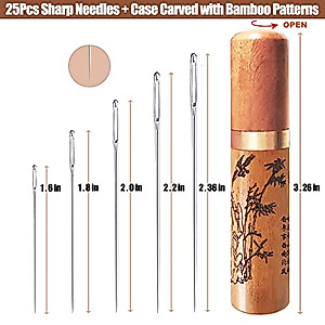 Large Eye Sewing Needles, Embroidery Needles, Stainless Steel, 25 Pieces Sharp Needles with Wooden Needle Case Carving Pattern