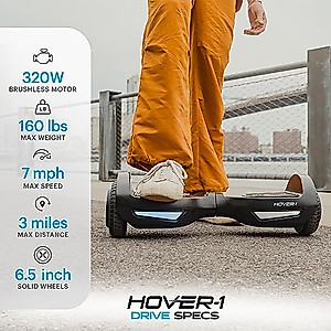 Hover-1 Drive Electric Hoverboard | 7MPH Top Speed, 3 Mile Range, Long Lasting Lithium-Ion Battery, 6HR Full-Charge, Path Illuminating LED Lights, Black