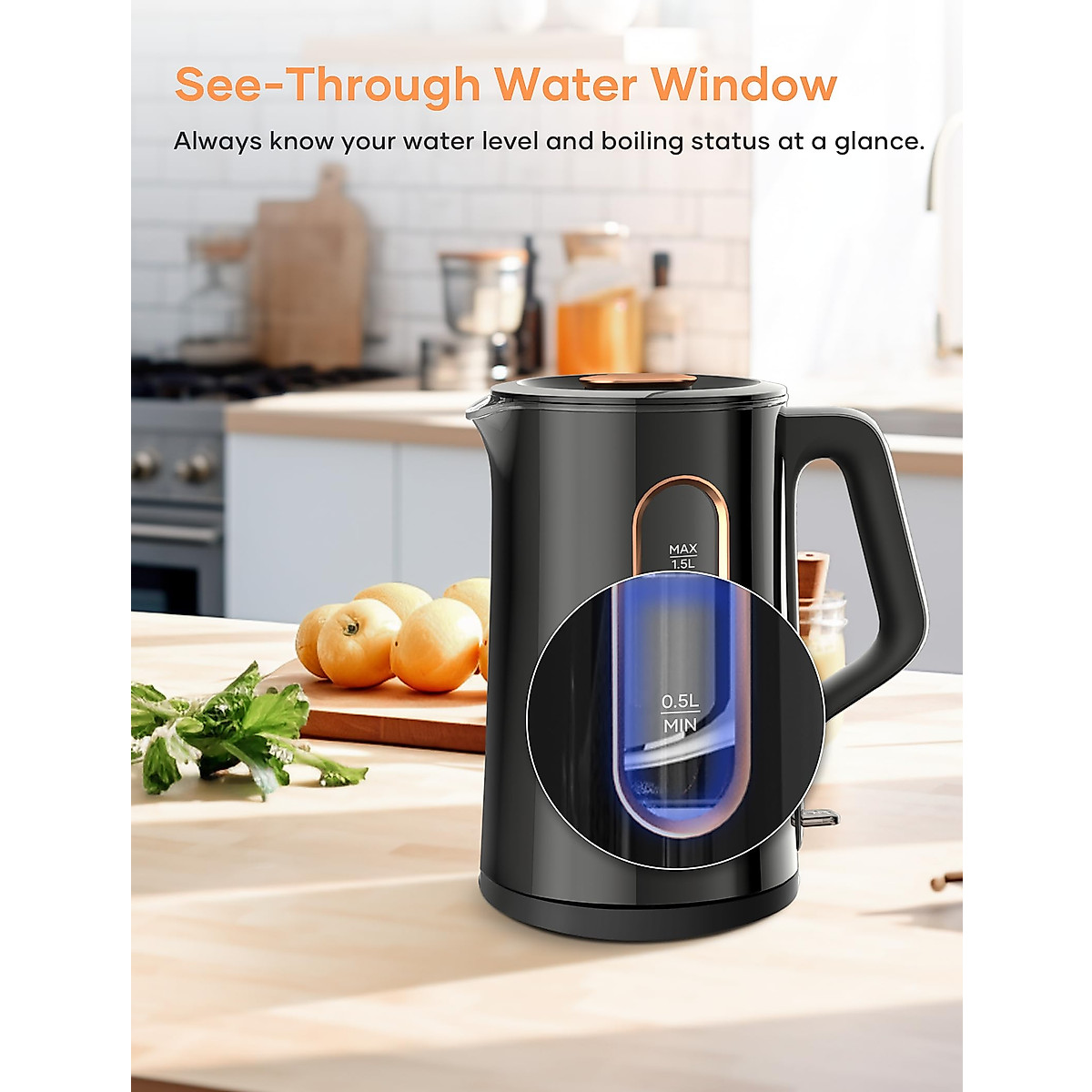 Electric Kettle, 304 Stainless Steel Interior, BPA-Free, Double Wall 1.5L Hot Water Boiler, 1500W Tea Kettle with Auto Shut-Off & Boil Dry Protection, Cordless Base & LED Indicator