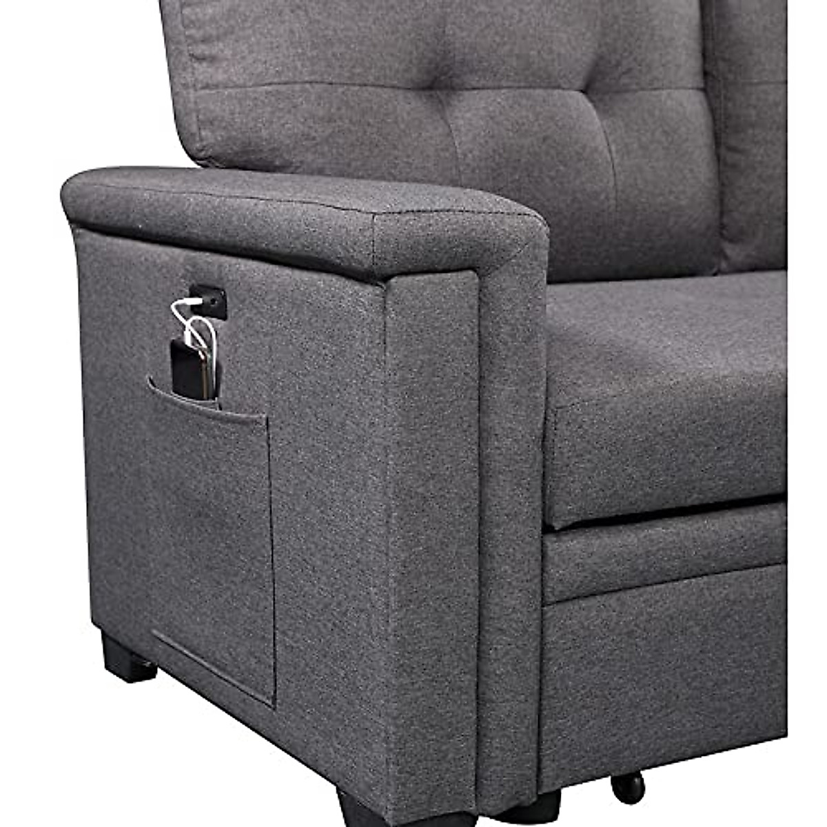 Lilola Home Nathan Dark Gray Reversible Sleeper Sectional Sofa with Storage Chaise, USB Charging Ports and Pocket