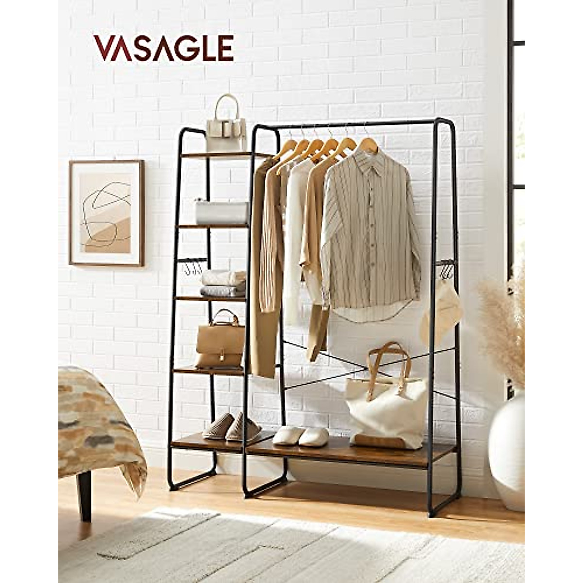 VASAGLE Clothes Rack, Clothing Rack with Shoe Shelf, 5-Tier Storage Rack, 6 Side Hooks, for Bedroom, Living Room, Rustic Brown and Black URGR116B01