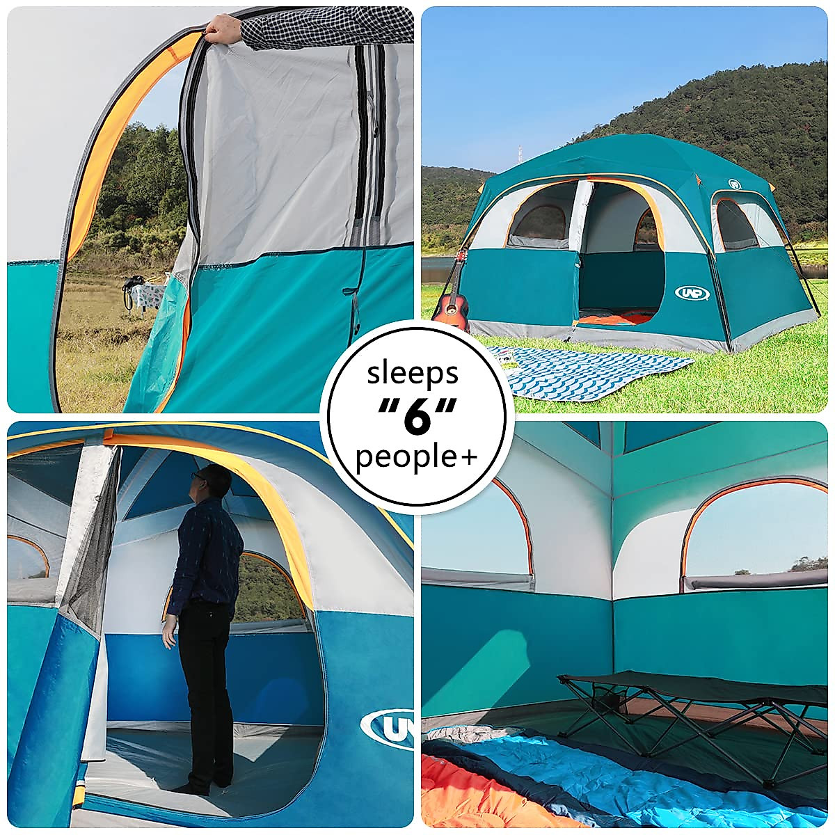 UNP Tents for Camping 6 Person Waterproof Windproof Easy Setup,Double Layer Cabin Tents with 1 Mesh Door & 5 Large Mesh Windows -10'X9'X78in(H) Blue