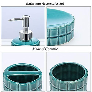 JOTOM Ceramic Bath Accessory Set,Luxury Bathroom Accessories Set - 4 Pieces with Decorative Hand Sanitizer Bottle,Toothbrush Cup,Toothbrush Holder,Soap Dish (Dark Green Square Lattice)