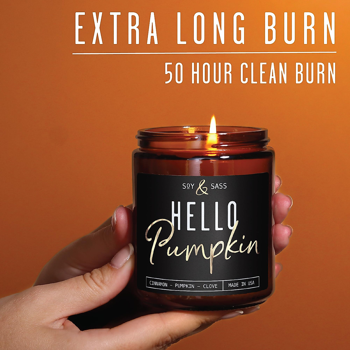 Pumpkin Spice Candle, Fall Candles - 'Hello Pumpkin' Pumpkin Candle, Autumn Scented Soy Candles for Home, Fall Scented Candles for Home, Fall Home Décor, 9oz Reusable Jar, 50Hr Burn, Made in USA